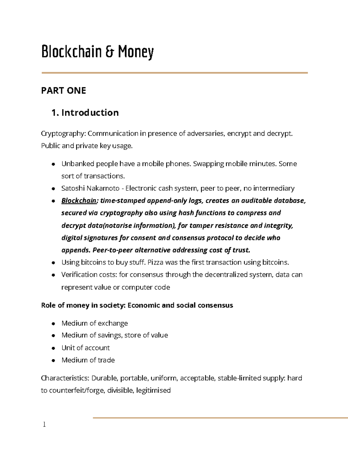 Class notes - Blockchain & Money-1-12 - Blockchain & Money PART ONE 1 ...