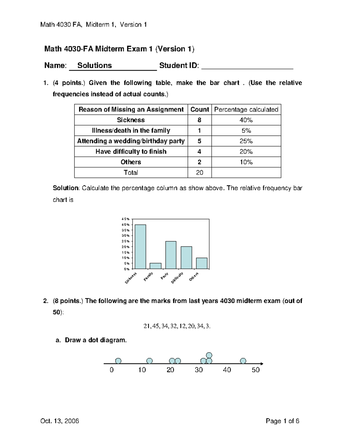 Midterm 2017, questions and answers - Math 4030 FA, Midterm 1, Version 1 Math 4030-FA Midterm ...