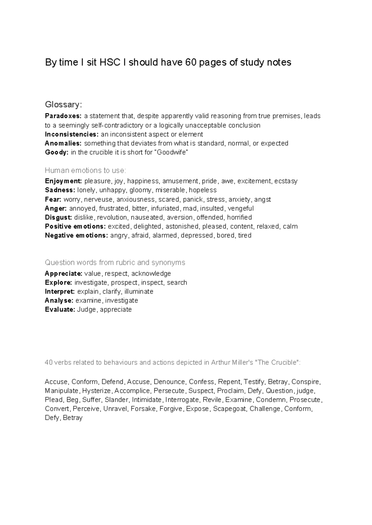 Common Module Human Experiences The Crucible Study Notes (Joe) - By ...