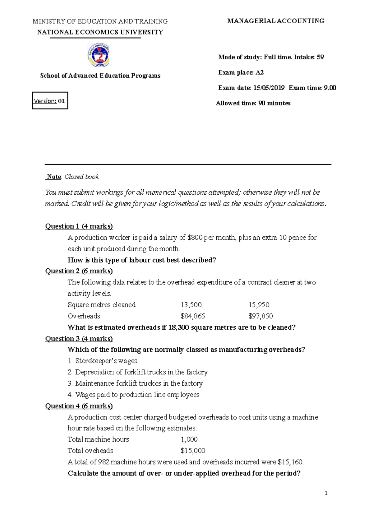 Mock Exam Mgt Acct 2020 - managerial accounting - MINISTRY OF EDUCATION ...