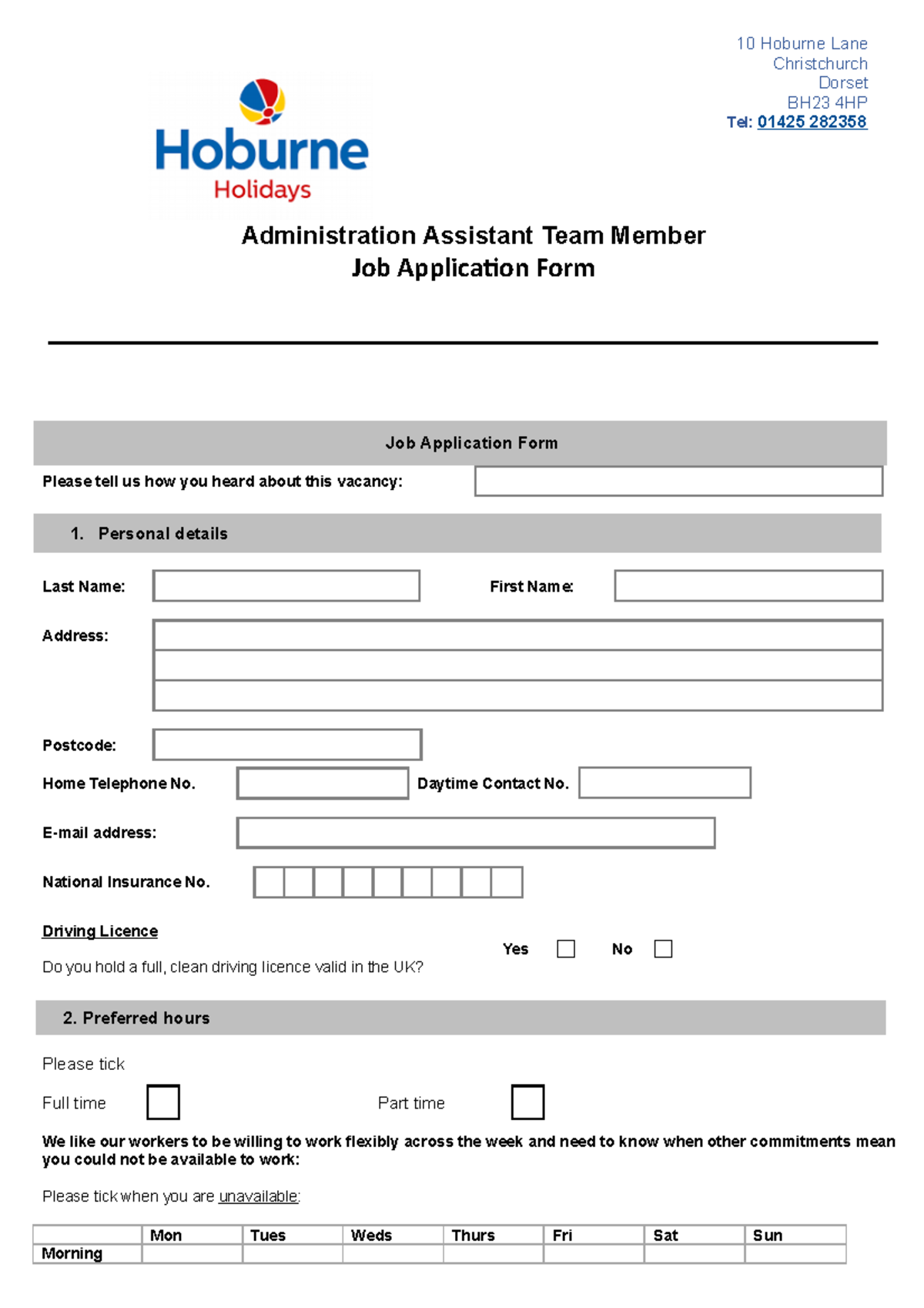 Job Application Form Unfilled - Administration Assistant Team Member ...