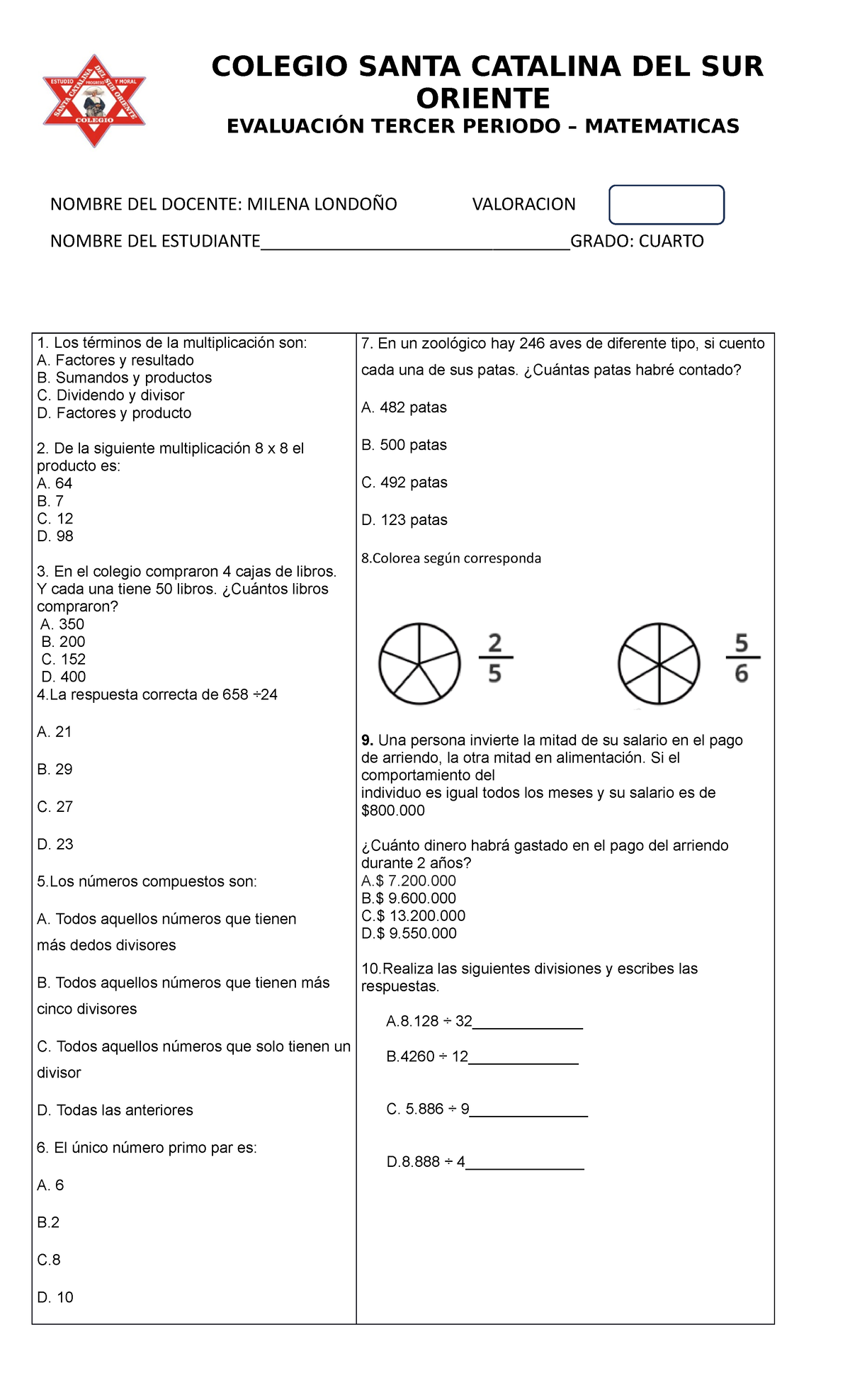 Evaluacion Tercer Periodo matematicas 3 - COLEGIO SANTA CATALINA DEL ...