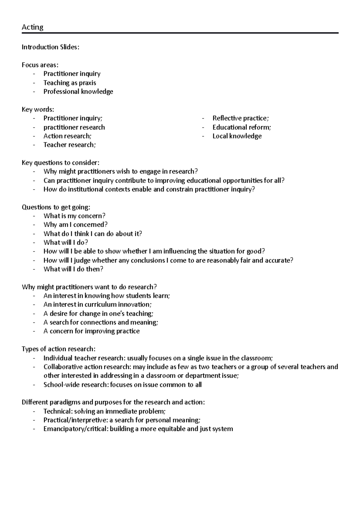 Acting - Acting Introduction Slides: Focus areas: - Practitioner ...