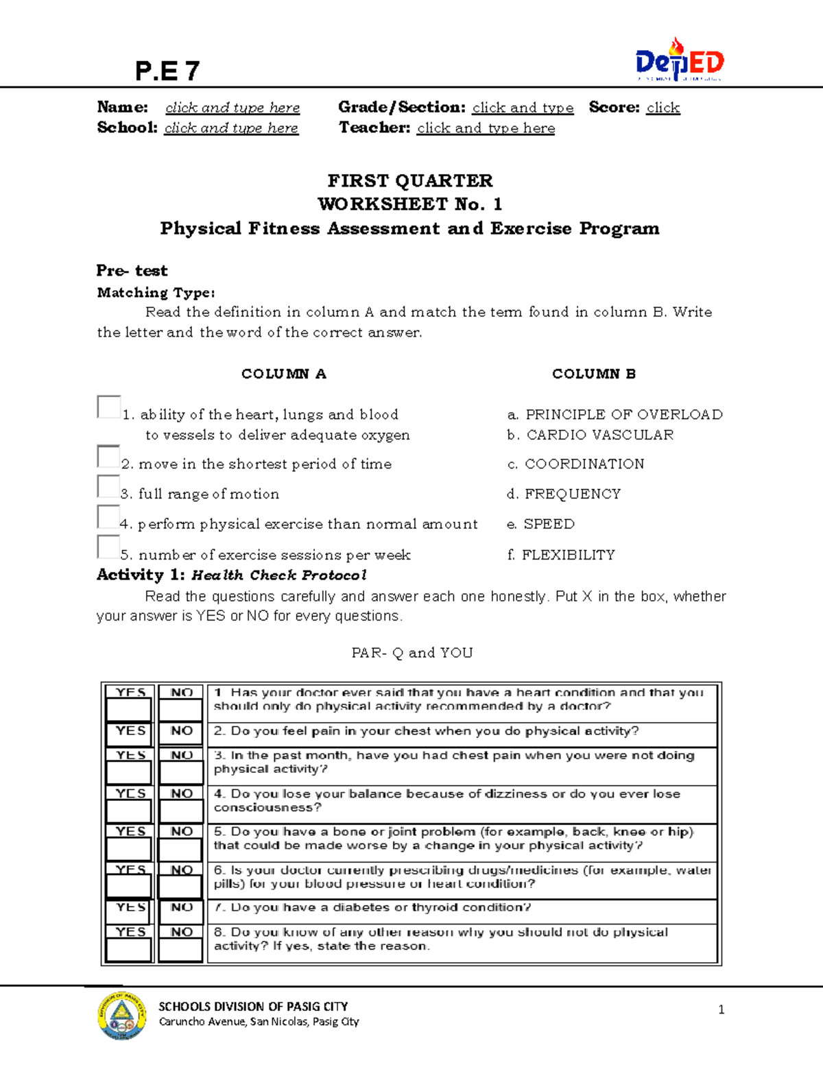 Worksheet PE7-Q1-M1 - Not much just additional homework - 1 P 7 SCHOOLS ...