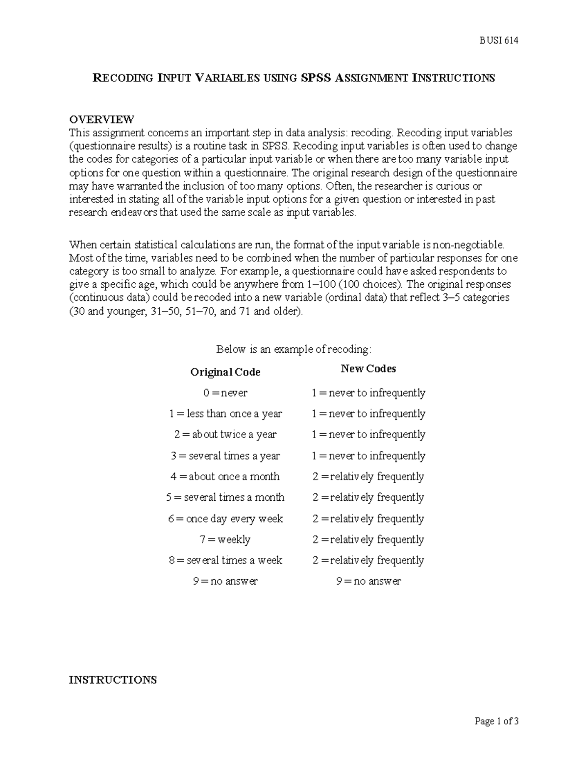 Recording Input Variables Using Spss Assignment Instructions Wk6 Busi 614 Recoding Input