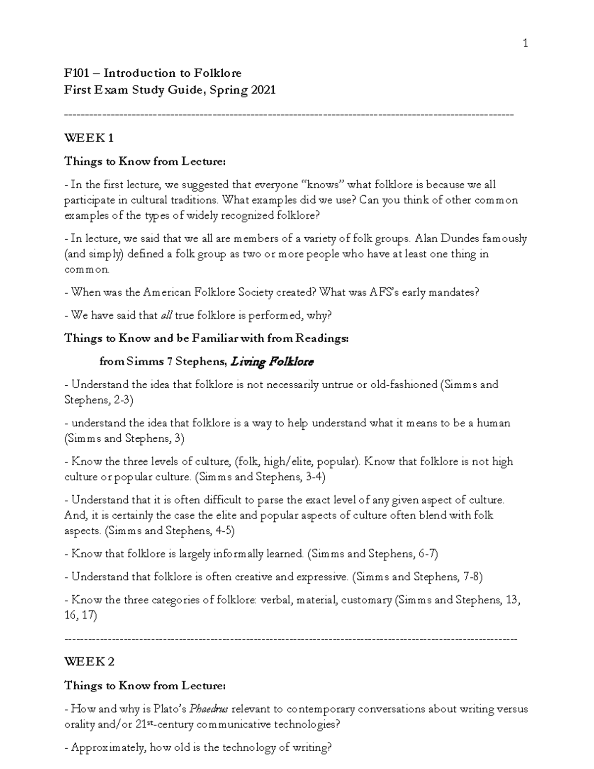 F101 - Spring 2021, 1st Exam Study Guide - F101 – Introduction to ...