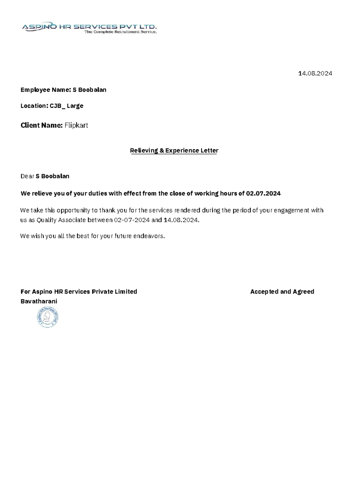 S Boobalan Experience Letter - 14. Employee Name: S Boobalan Location ...