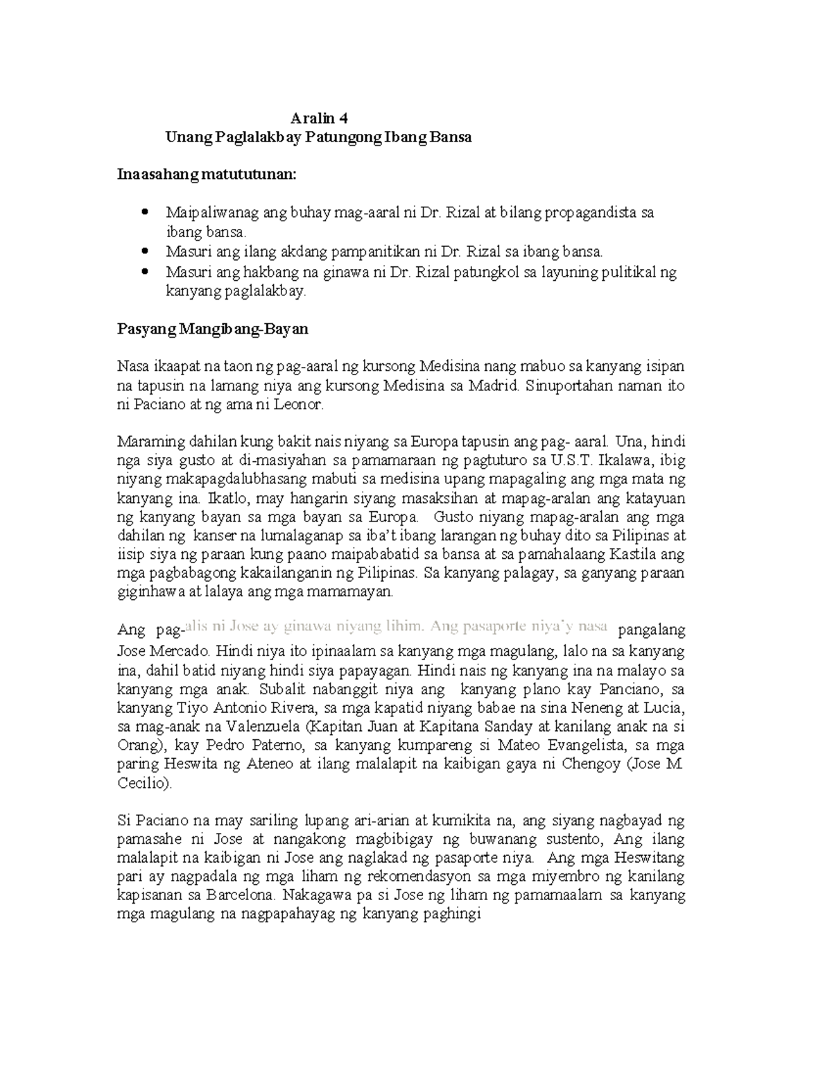 Unang paglalakbay ni Rizal - Aralin 4 Unang Paglalakbay Patungong Ibang Bansa Inaasahang - Studocu
