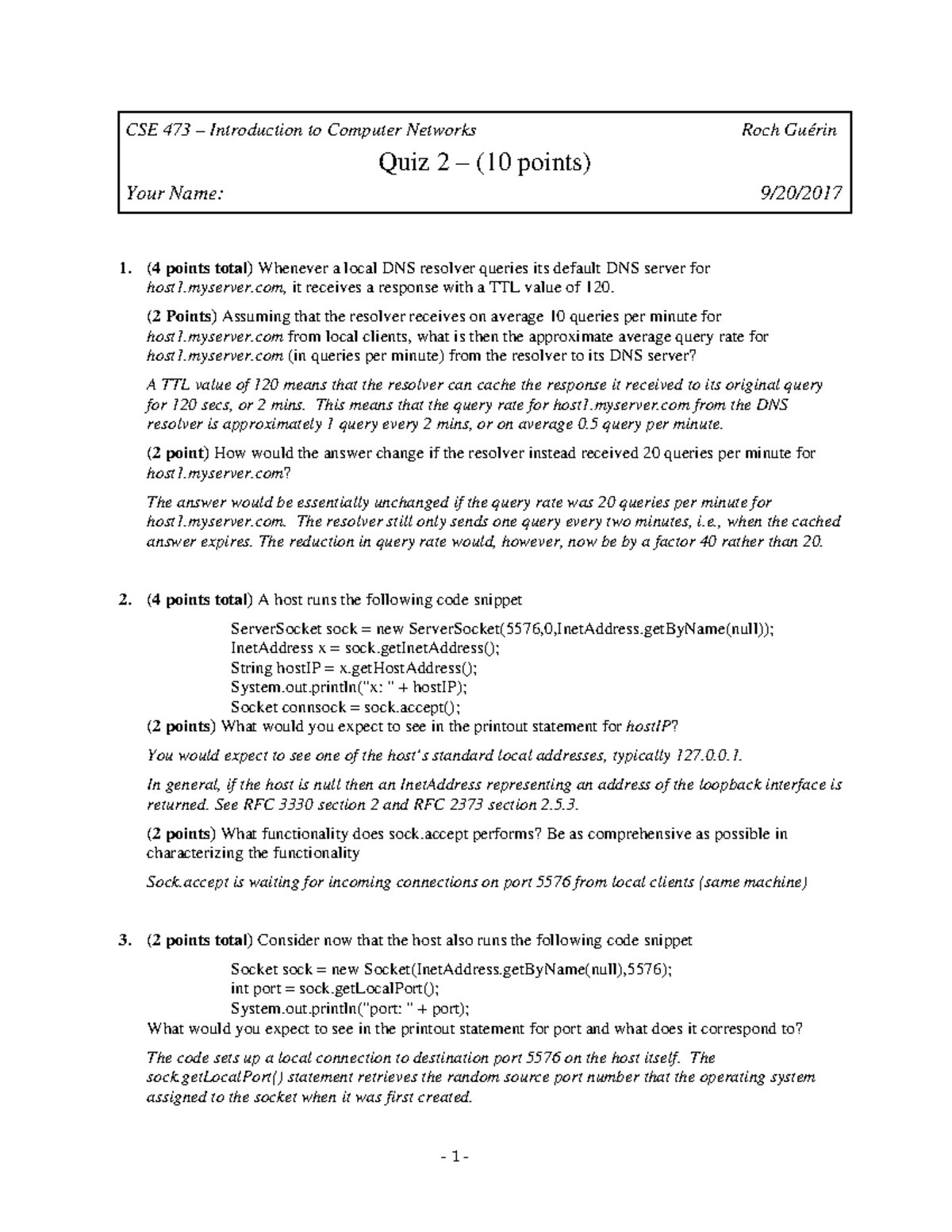 CSE473 2016-2017 Quiz 2 + Sols - CSE 473 – Introduction to Computer Networks Roch Guérin Quiz 2 ...