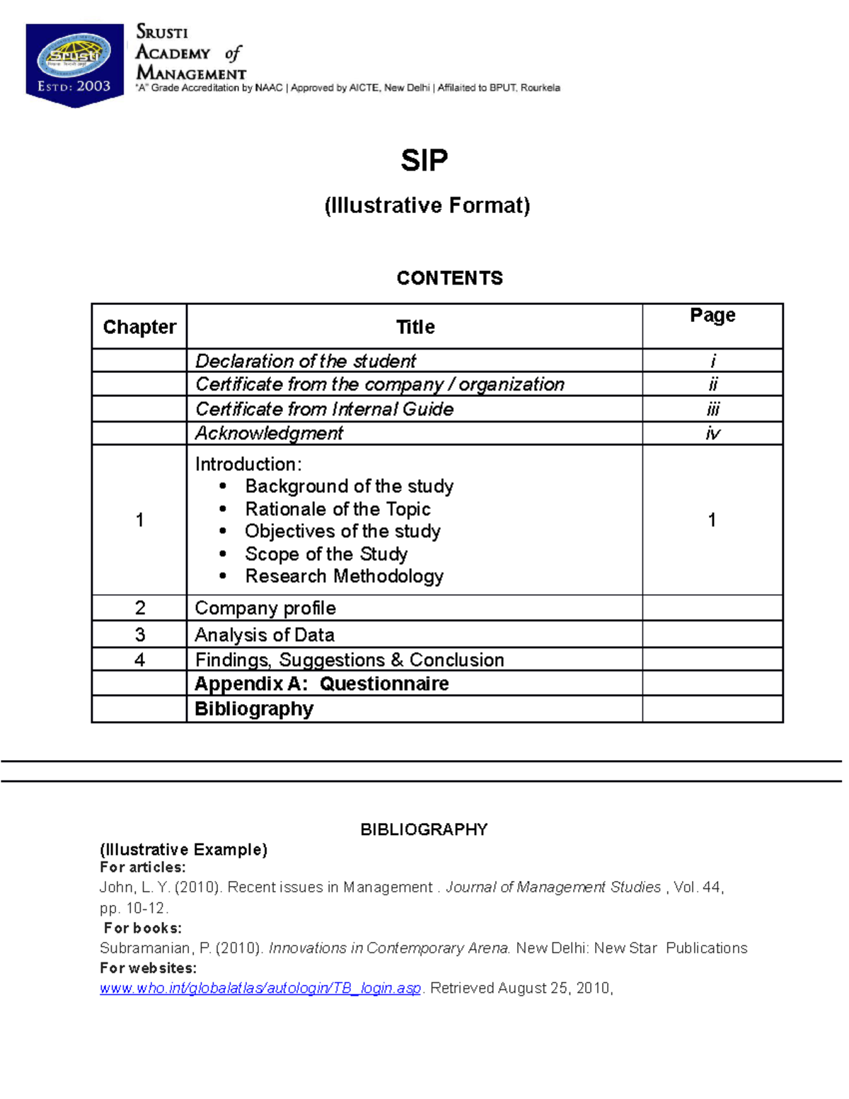 1588065979549 Revised SIP report format - SIP (Illustrative Format) CONTENTS Chapter Title Page ...