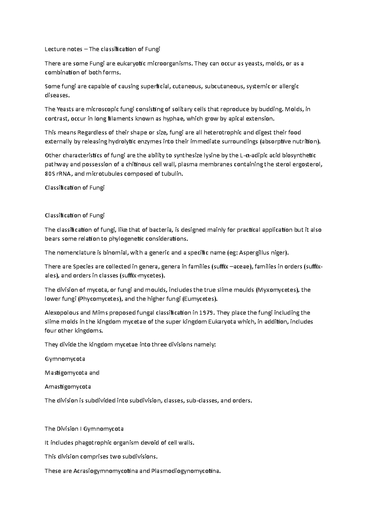 Lecture notes – The classification of Fungi - They can occur as yeasts ...