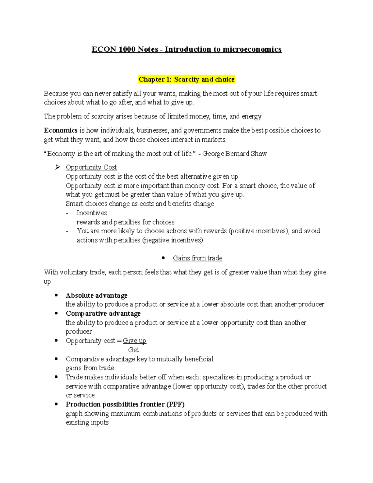 ECON 1000 Notes - ECON 1000 Notes - Introduction to microeconomics ...