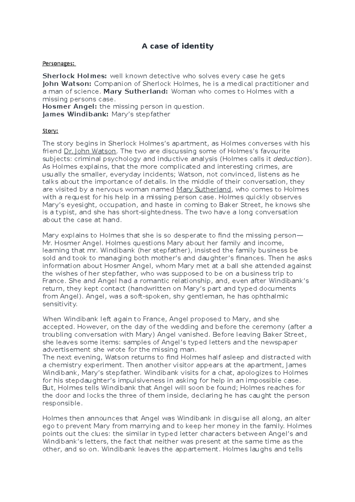 A case of identity summary - A case of identity Personages: Sherlock ...