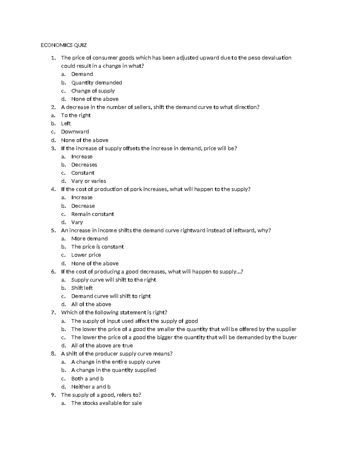 Economics-KO - ECONOMICS QUIZ The price of consumer goods which has ...
