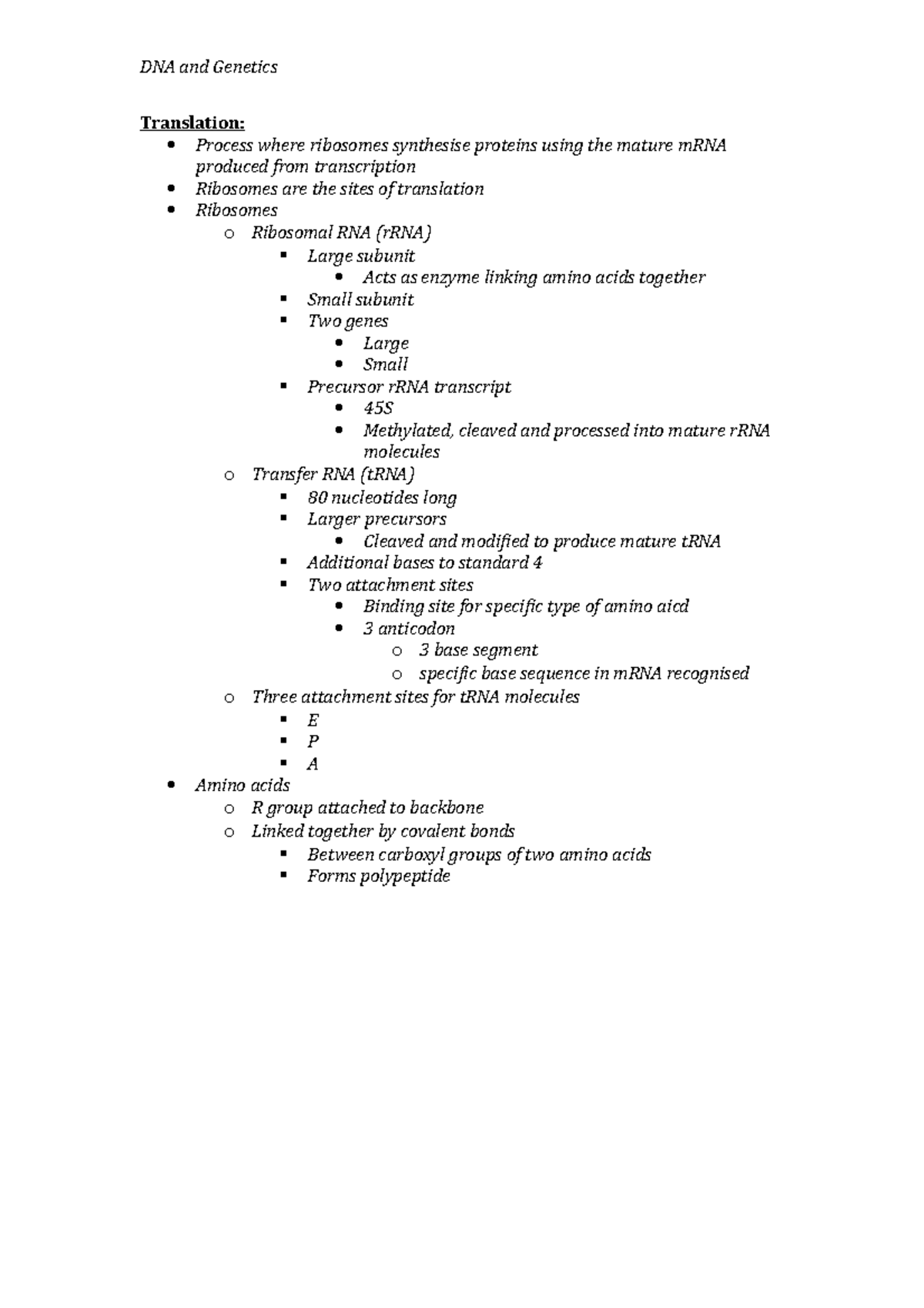 Translation Lecture Notes - Translation: Process where ribosomes ...