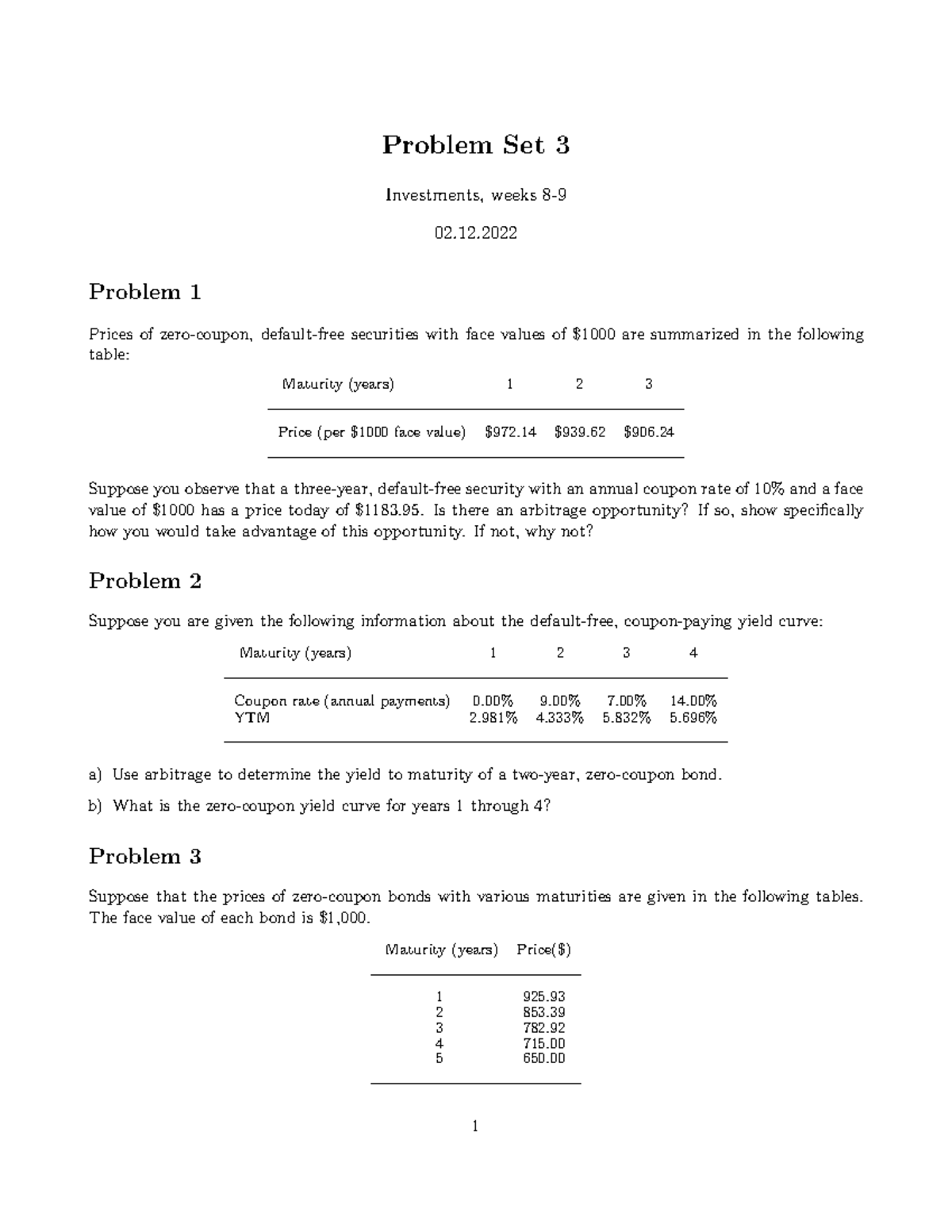 Problem Set 3 12 - exercice - Problem Set 3 Investments, weeks 8- 02 ...
