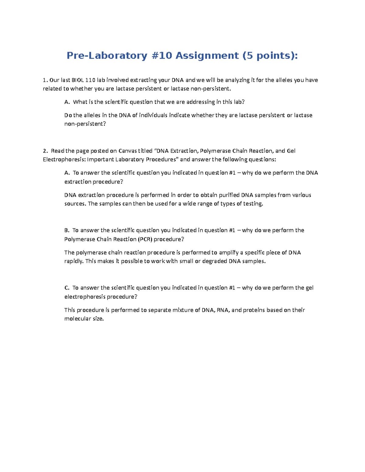 Pre Lab #10 Assignment - bio 110 - Pre-Laboratory #10 Assignment (5 ...