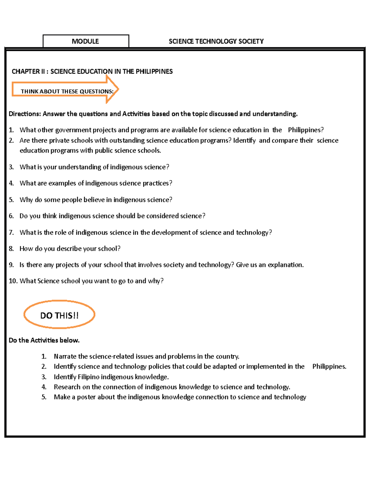 Chapter II Activity - MODULE SCIENCE TECHNOLOGY SOCIETY CHAPTER II ...
