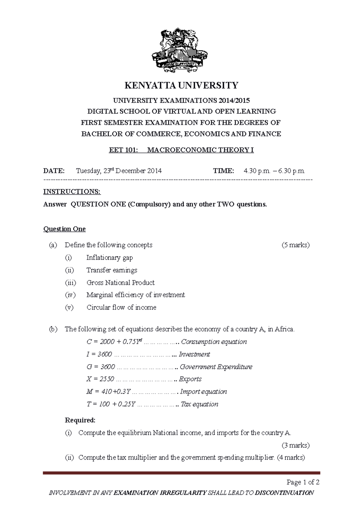 EET 101 - Macroeconomic Theory I - KENYATTA UNIVERSITY UNIVERSITY ...