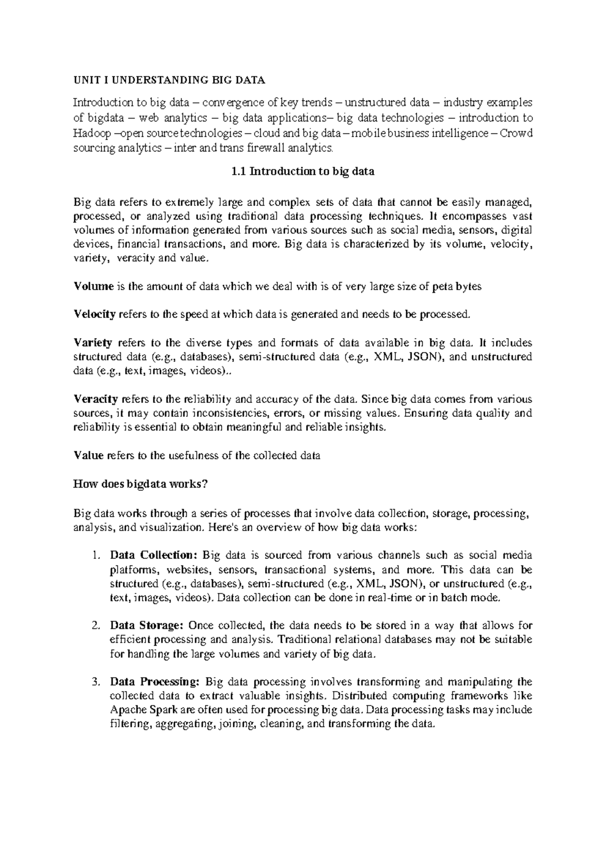 Unit 1 big data - UNIT I UNDERSTANDING BIG DATA Introduction to big data – convergence of key ...