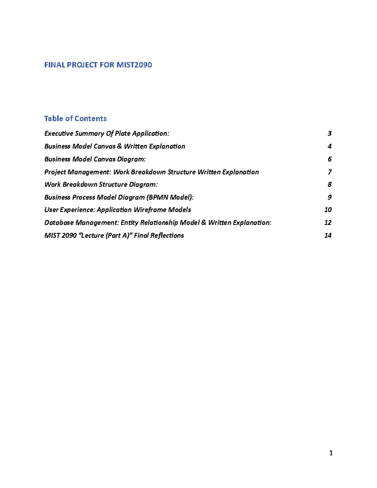 MIST Final Project "Plate" - Table of Contents FINAL PROJECT FOR MIST ...