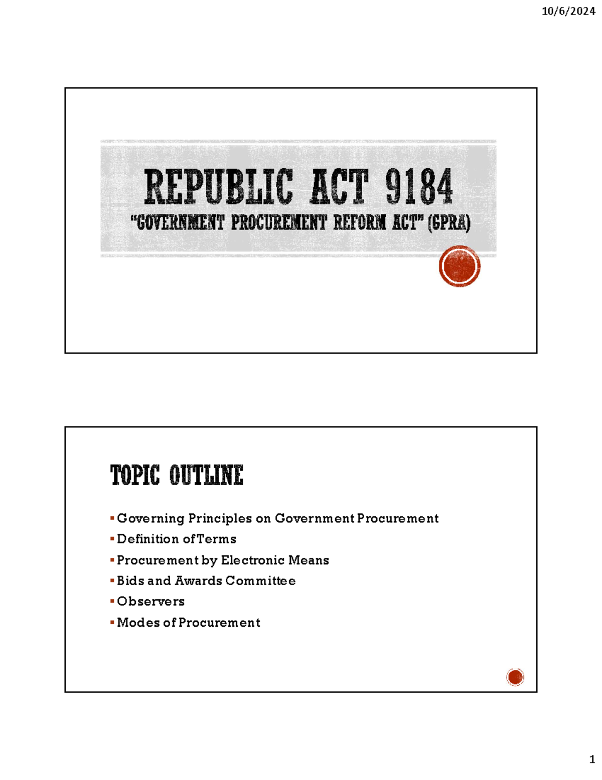 RA 9184 Handouts - RA 9184 Notes - Governing Principles on Government ...