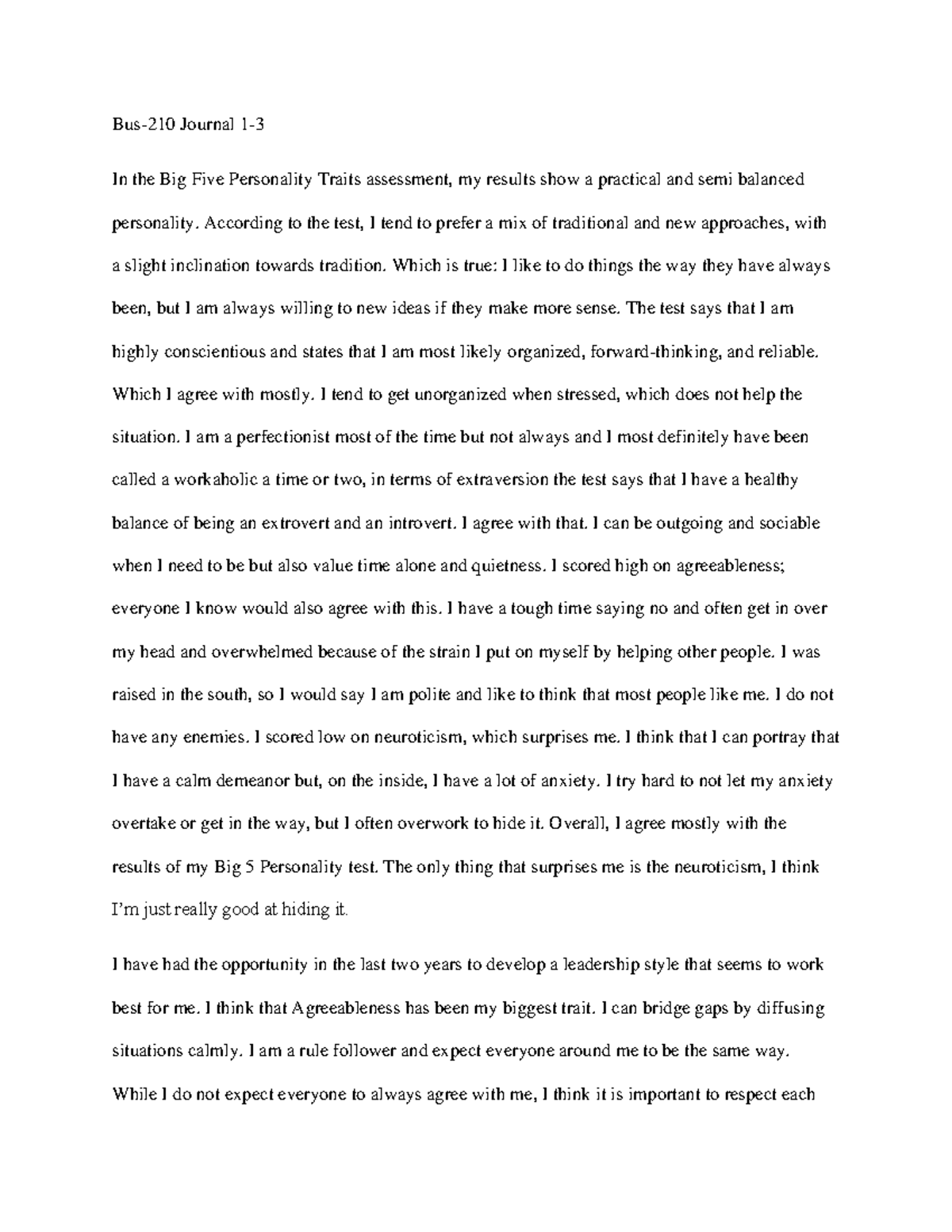 Bus-210 Journal 1-3 - According to the test, I tend to prefer a mix of ...