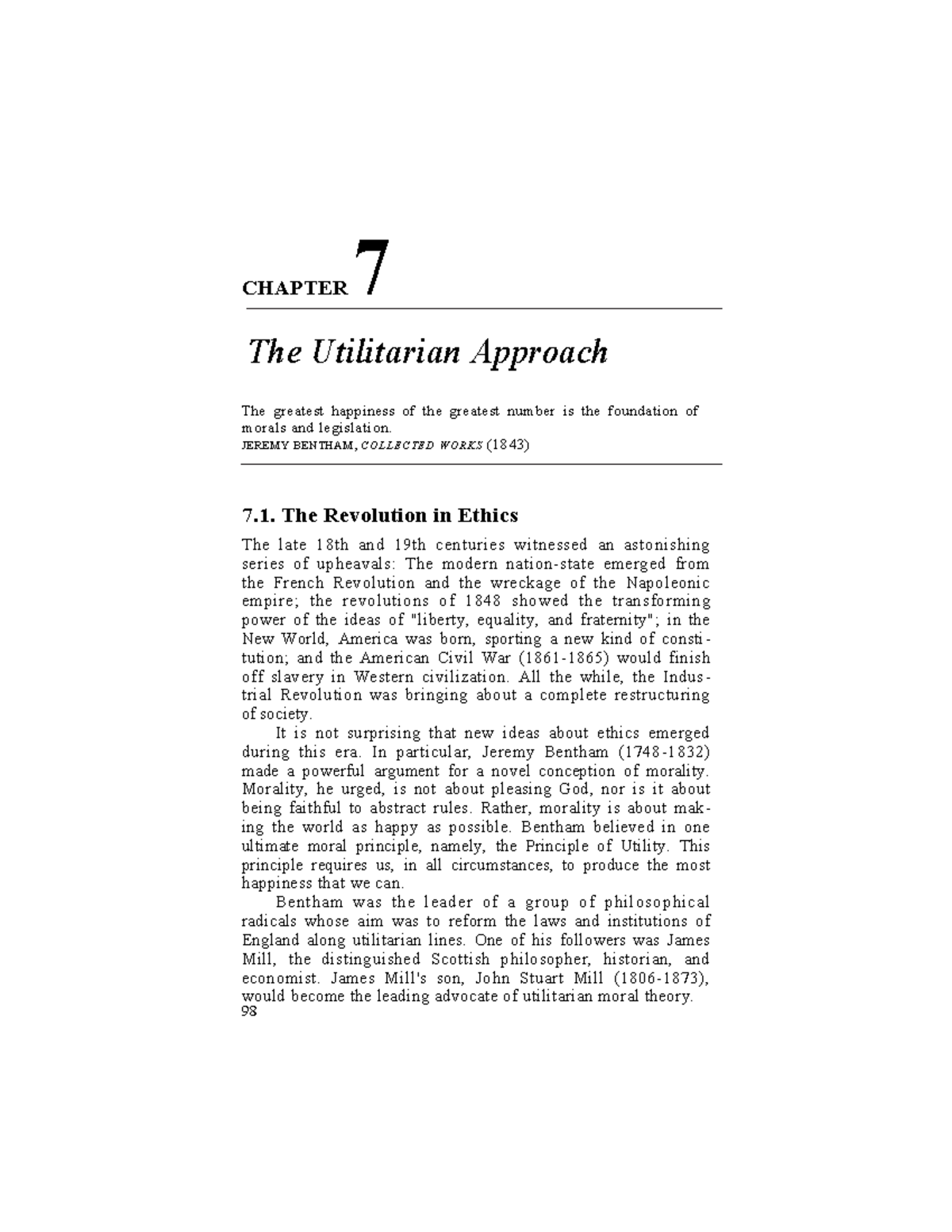 Utilitarianism Notes - CHAPTER 7 The Utilitarian Approach The greatest ...