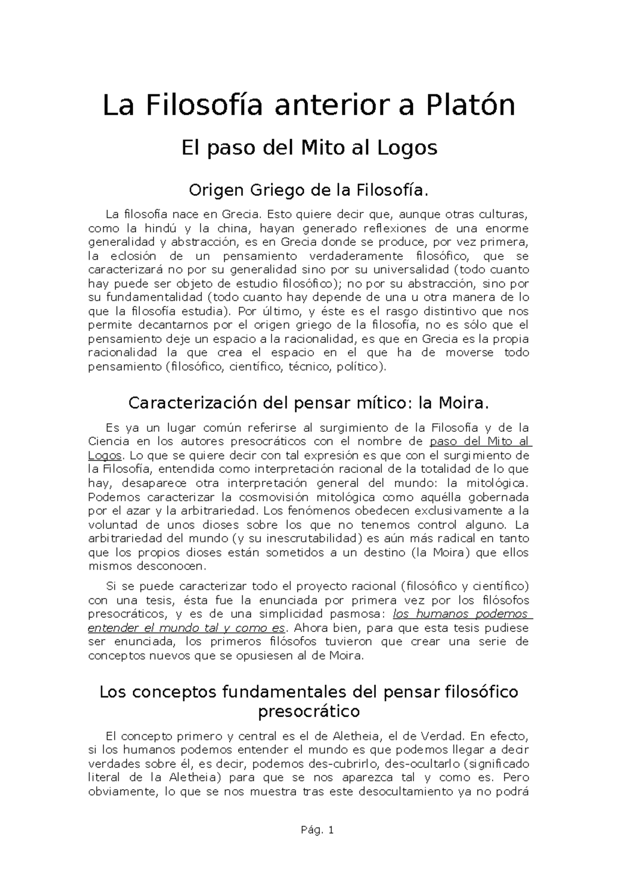 Tema 1 - filosofia anterior a platon - El paso del Mito al Logos Origen ...