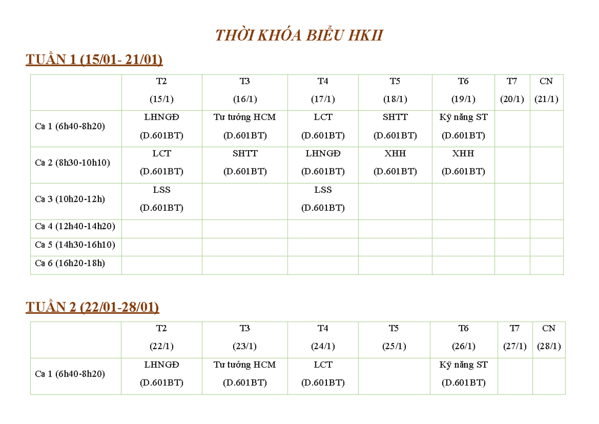 THỜI KHÓA BIỂU NĂM 3 HKII 1 - THỜI KHÓA BIỂU HKII TUẦN 1 (15/01- 21/01 ...