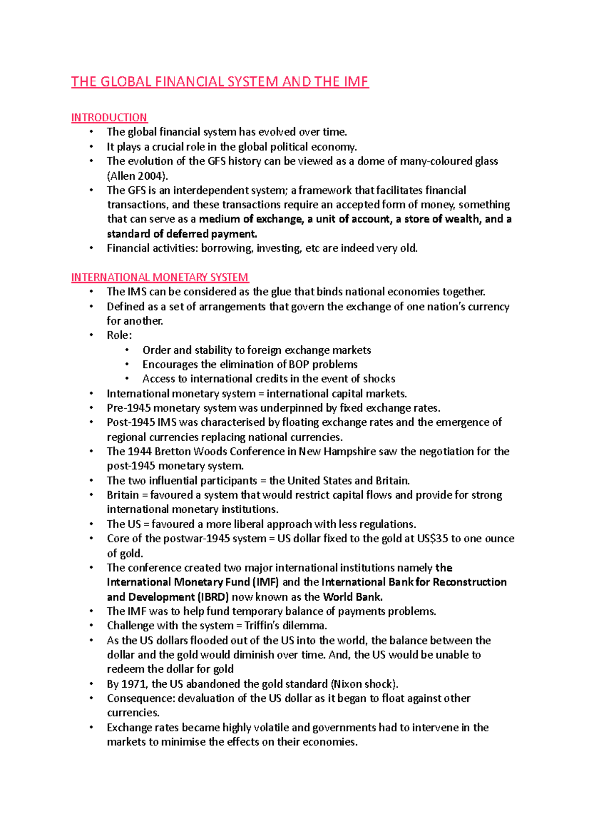 IPE - WEEK 9 - Summary of weekly content. - THE GLOBAL FINANCIAL SYSTEM ...