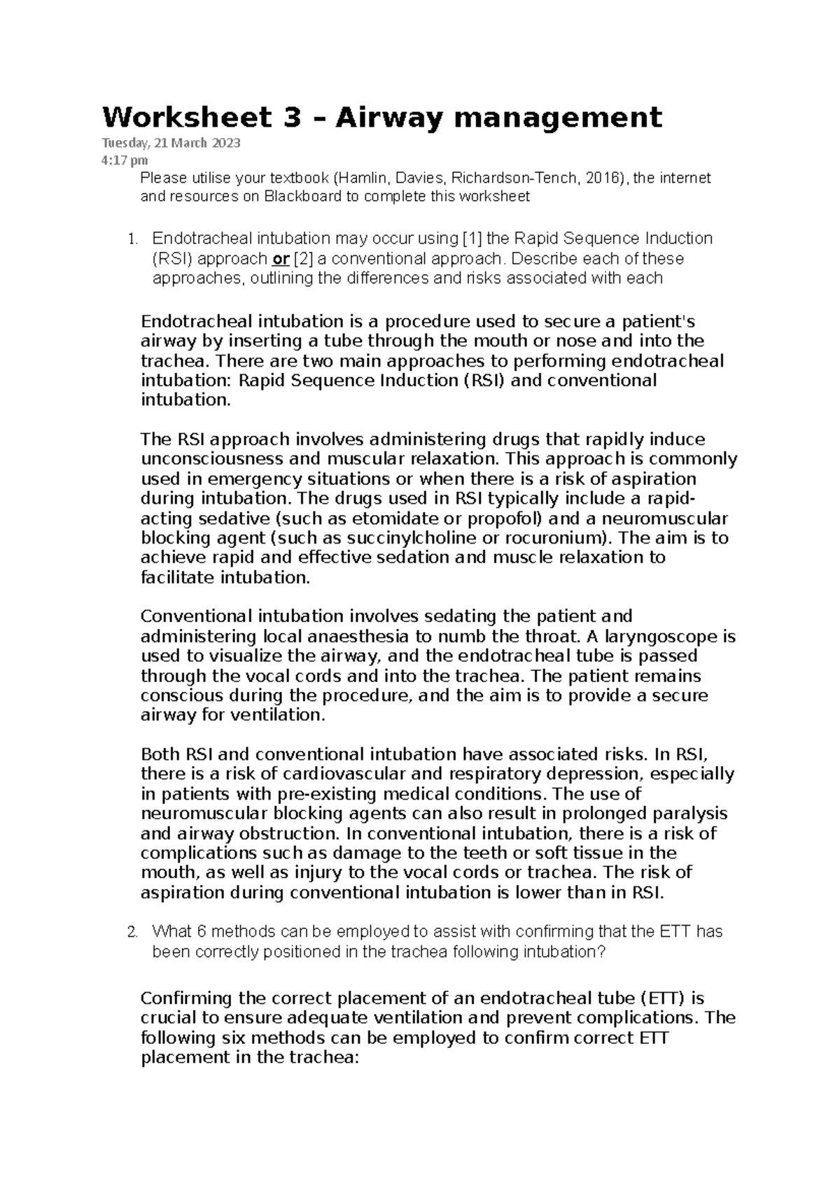 Worksheet 3 Airway management - Studocu