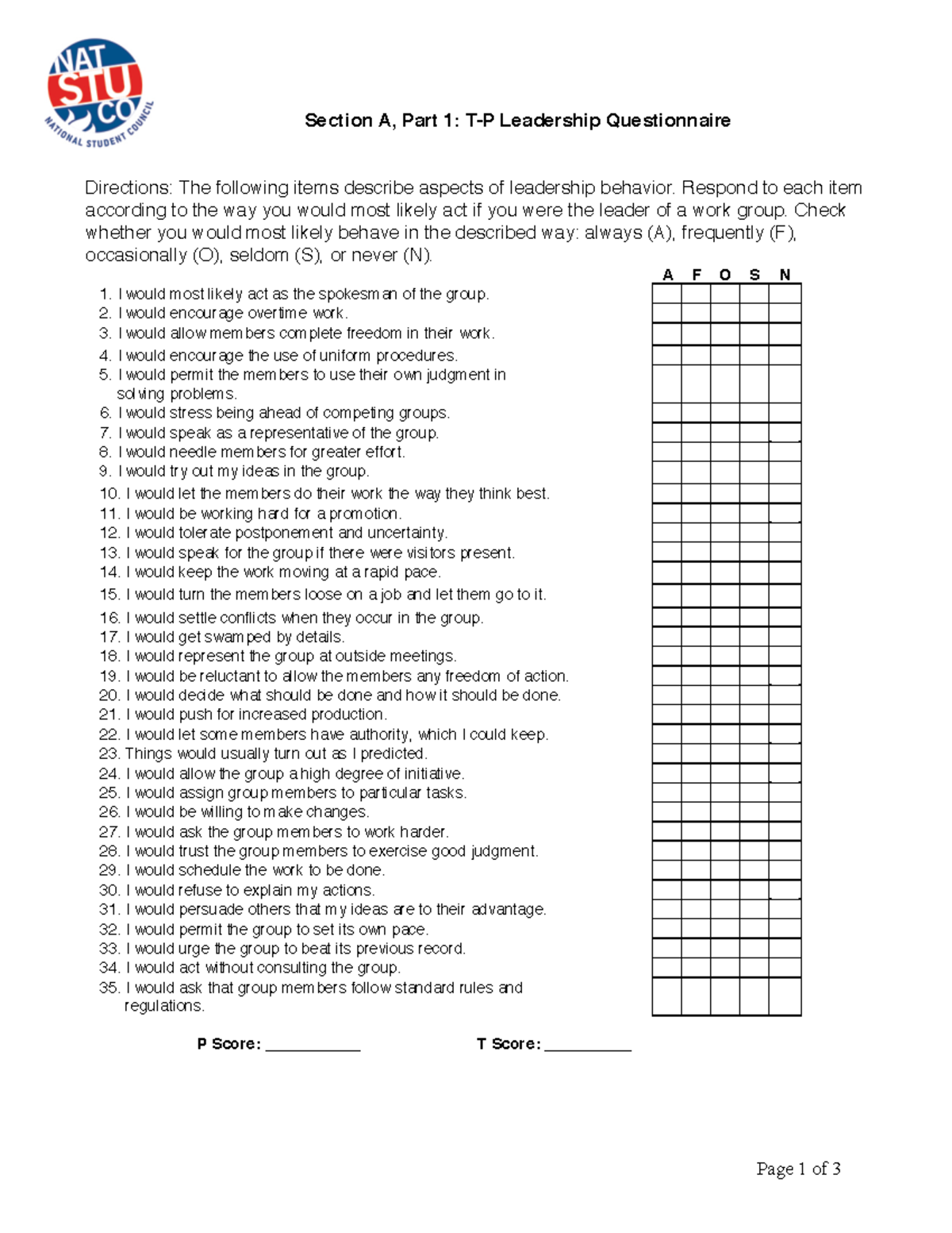 Leadership Library Section A Part-1 T-P-Questionnaire form - Page 1 of ...