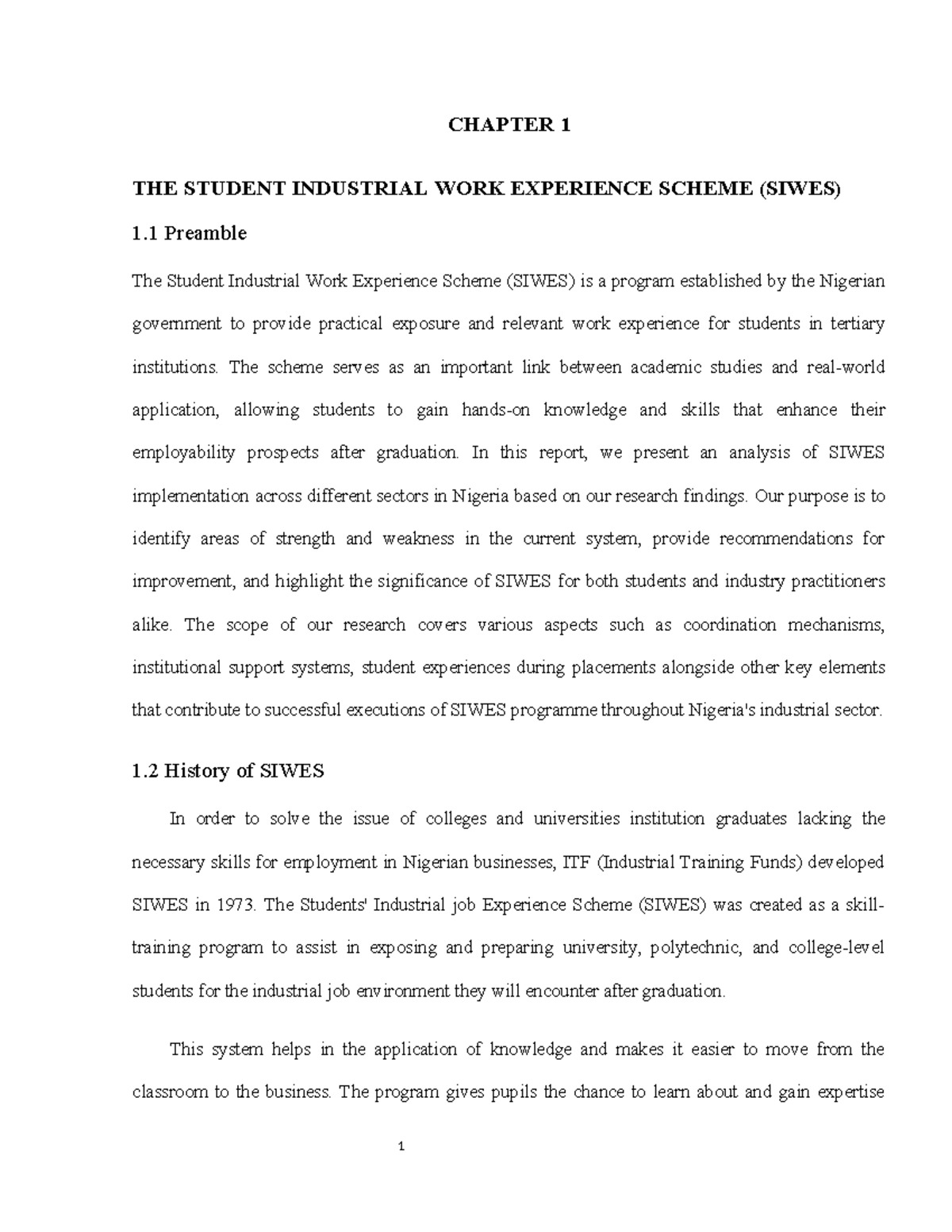 ACHADU MOSES SIWES REPORT - CHAPTER 1 THE STUDENT INDUSTRIAL WORK ...