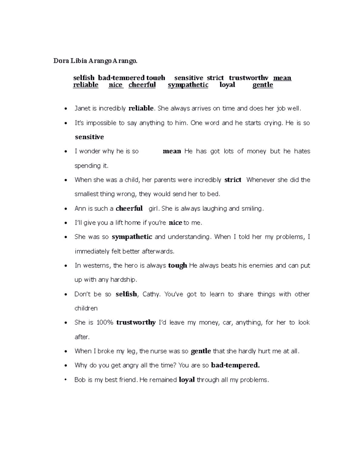 Adjectives of Personality - Dora Libia Arango Arango. selfish bad ...