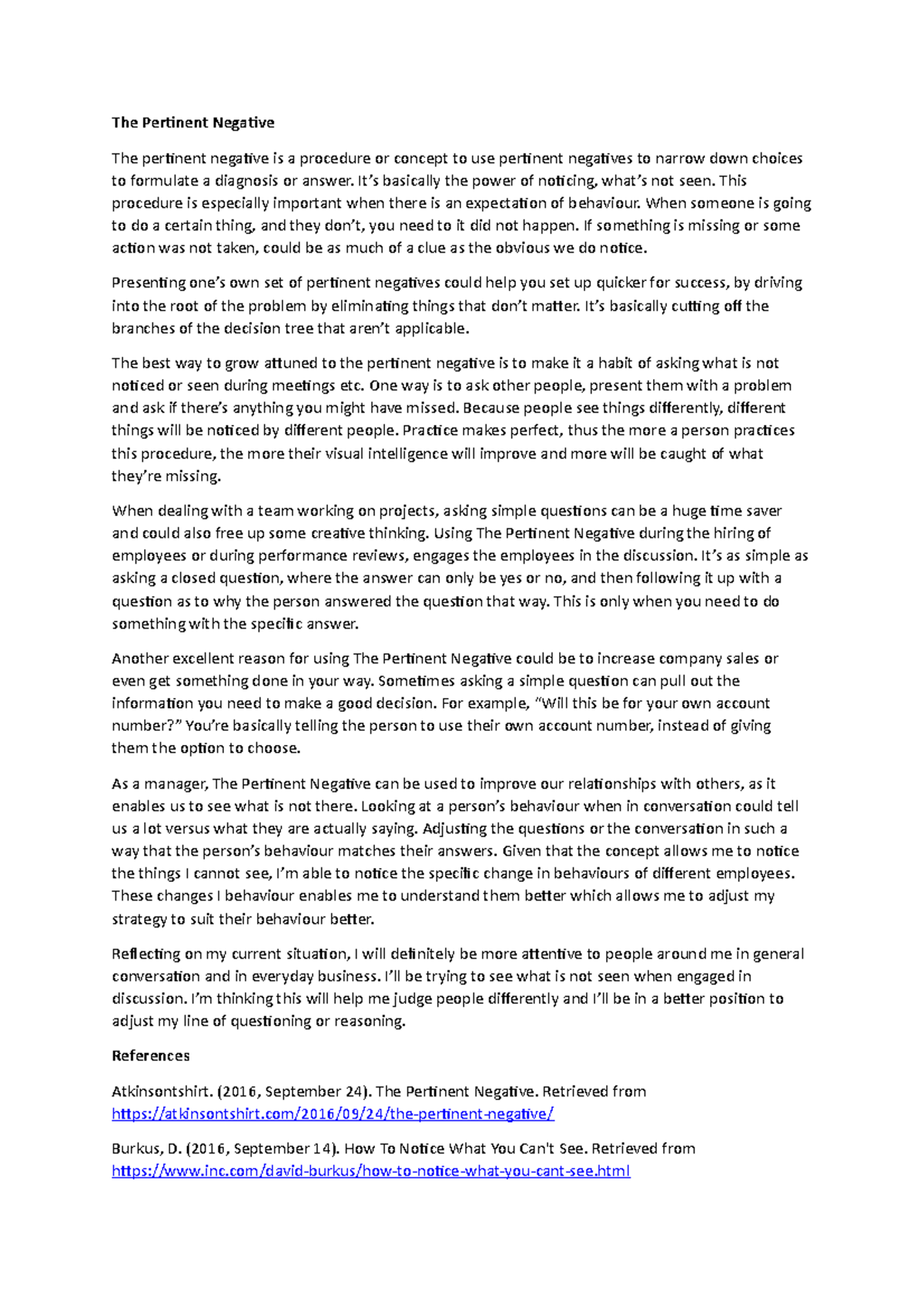 BUS 5113 - Portfolio Assignment Week 2 - The Pertinent Negative The ...