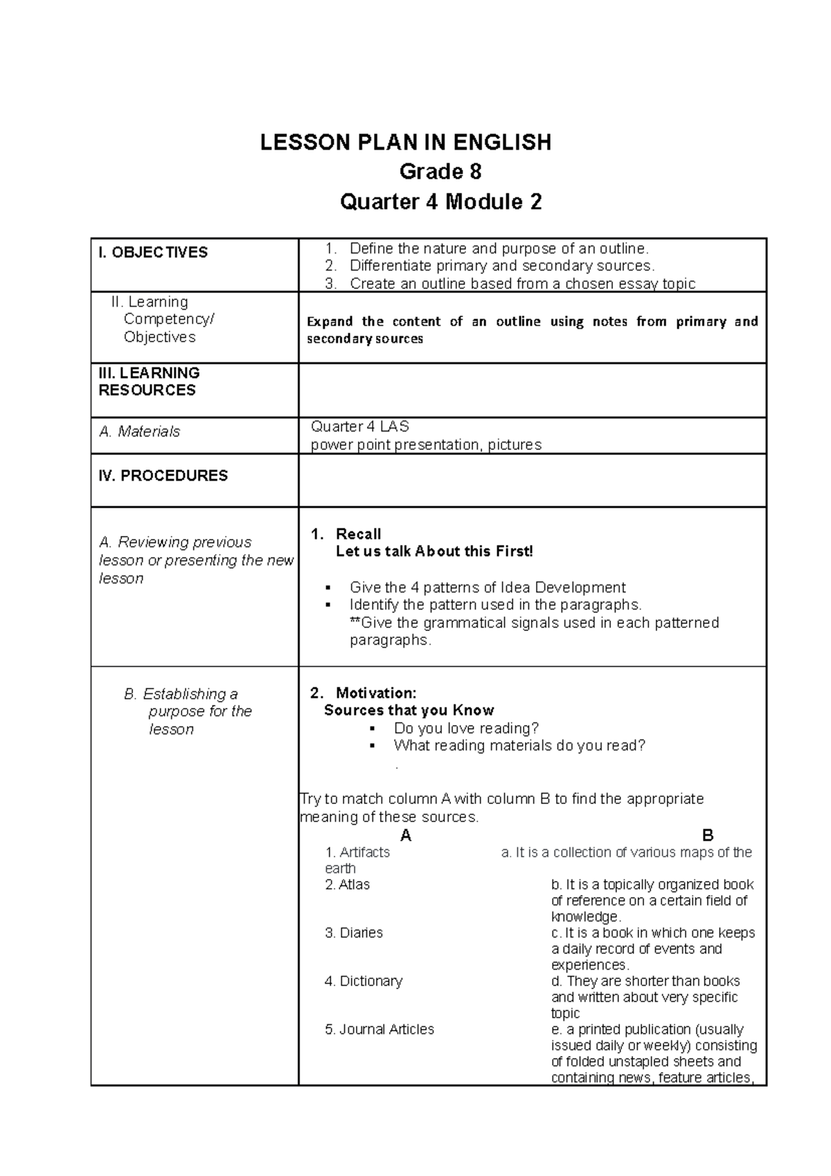 Lesson PLAN Q4 M2 Outline LESSON PLAN IN ENGLISH Grade 8 Quarter 4 