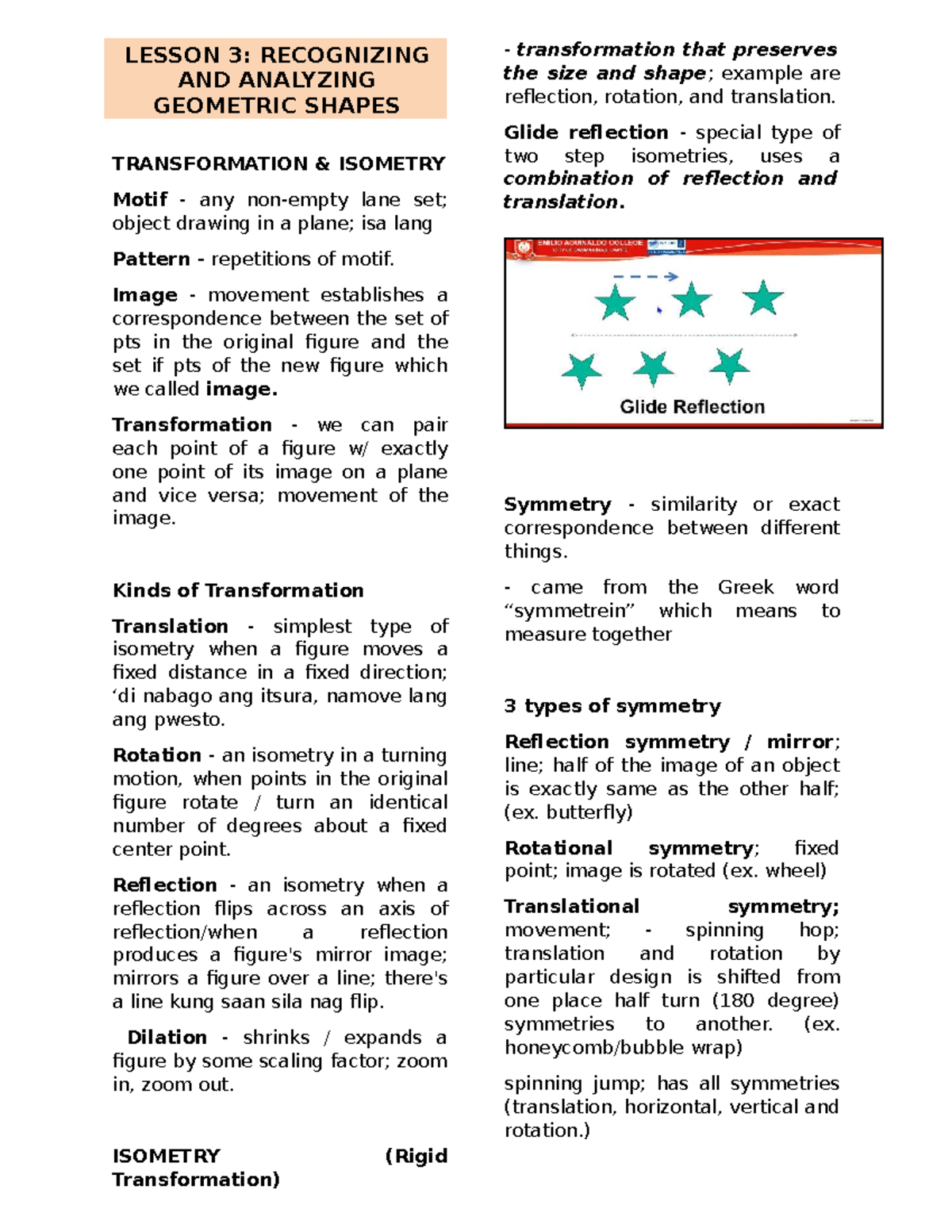 Finals Notes MAY 02 - LESSON 3: RECOGNIZING AND ANALYZING GEOMETRIC ...
