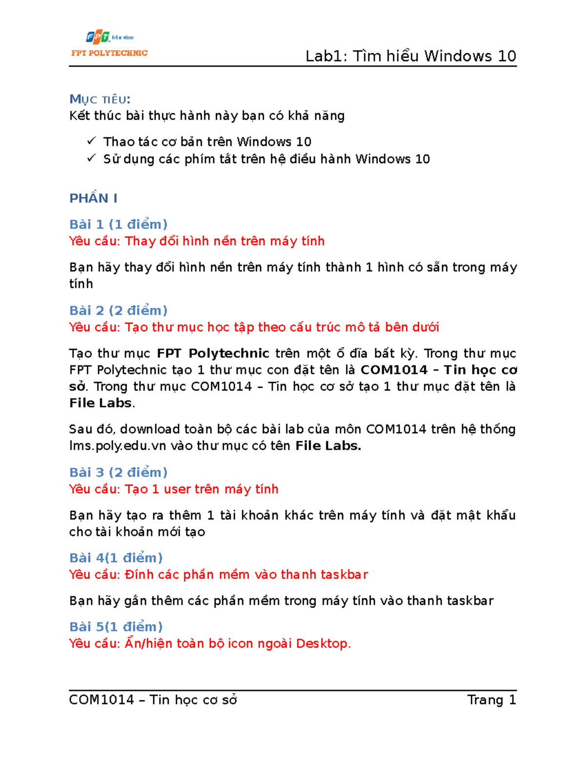 COM1014 - Lab 01 - fsdfds - MỤC TIÊU: Kết thúc bài thực hành này bạn có khả năng Thao tác cơ bản ...