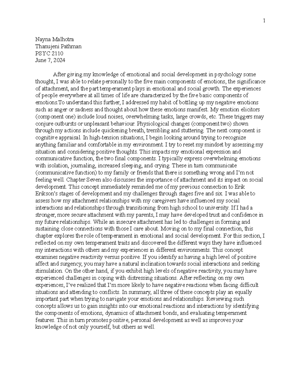 Chapter 7 Reflection on Emotional & Social Development PSYC 2110 - 1 ...