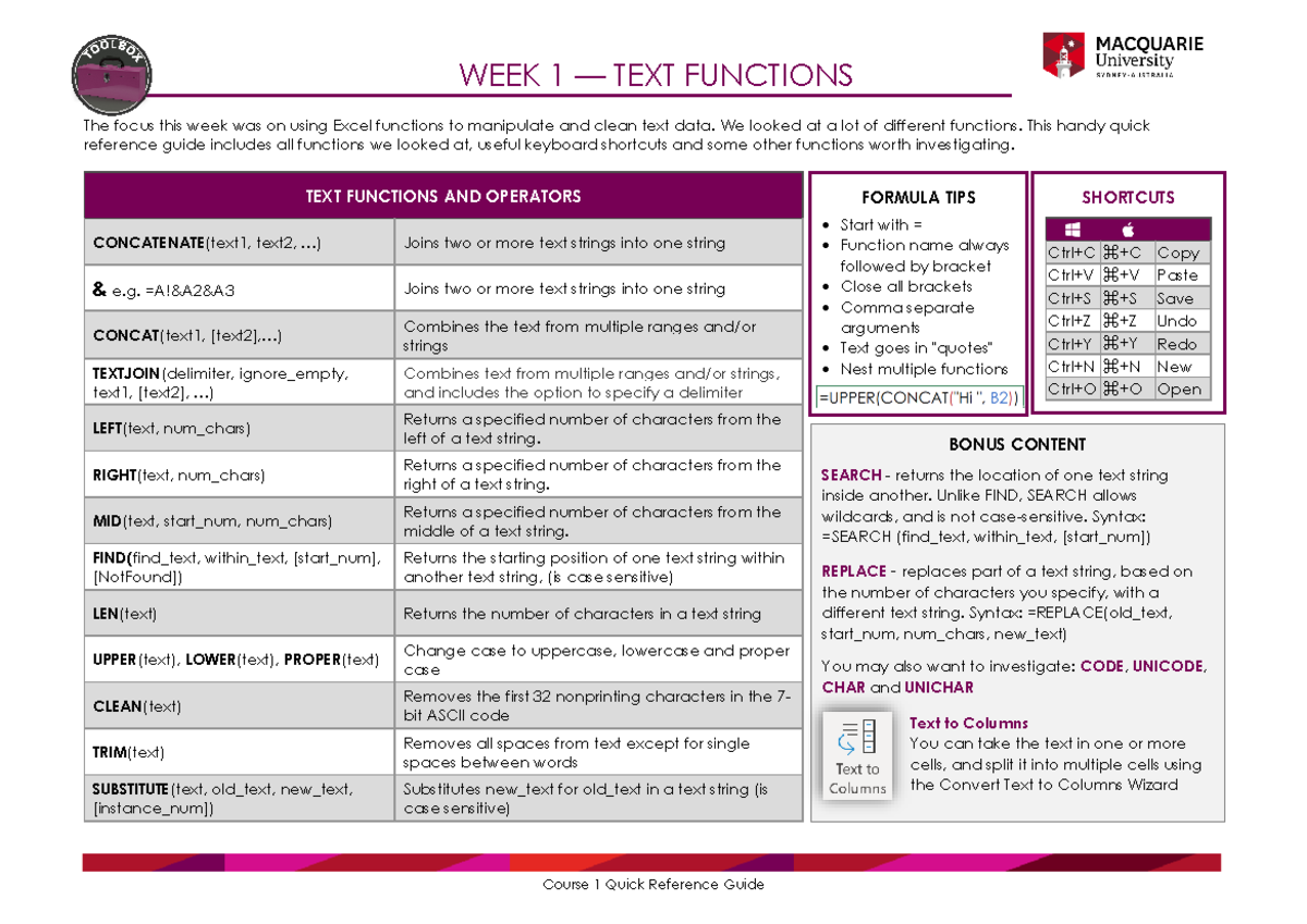 C1W1 Excel - Course 1 Quick Reference Guide WEEK 1 — TEXT FUNCTIONS The ...
