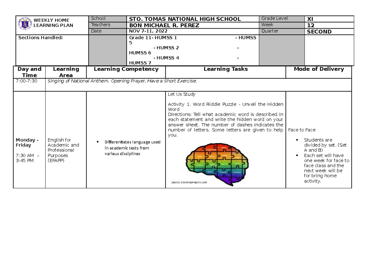 WEEK-1-2 - WEEK 1-2 - WEEKLY HOME LEARNING PLAN School STO. TOMAS ...