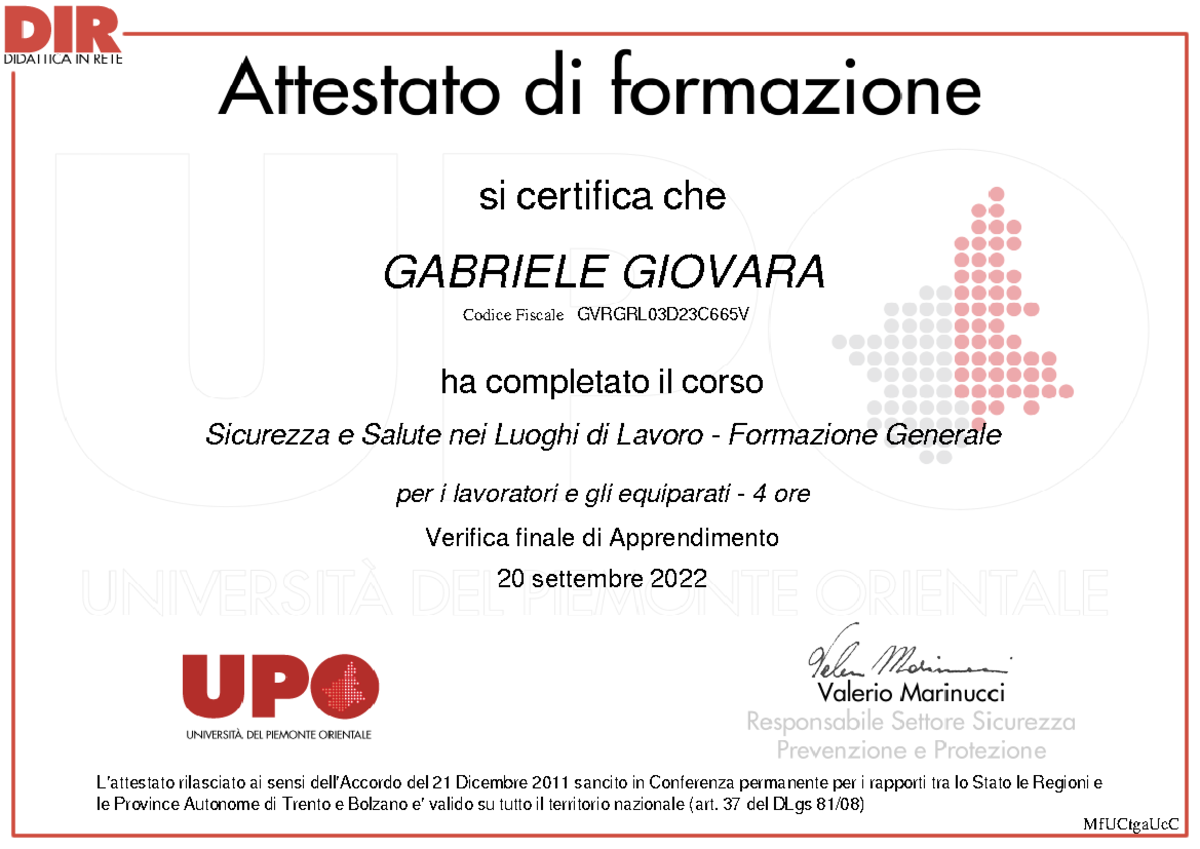 Attestato 4 Ore Sicurezza - si certifica che GABRIELE GIOVARA ...