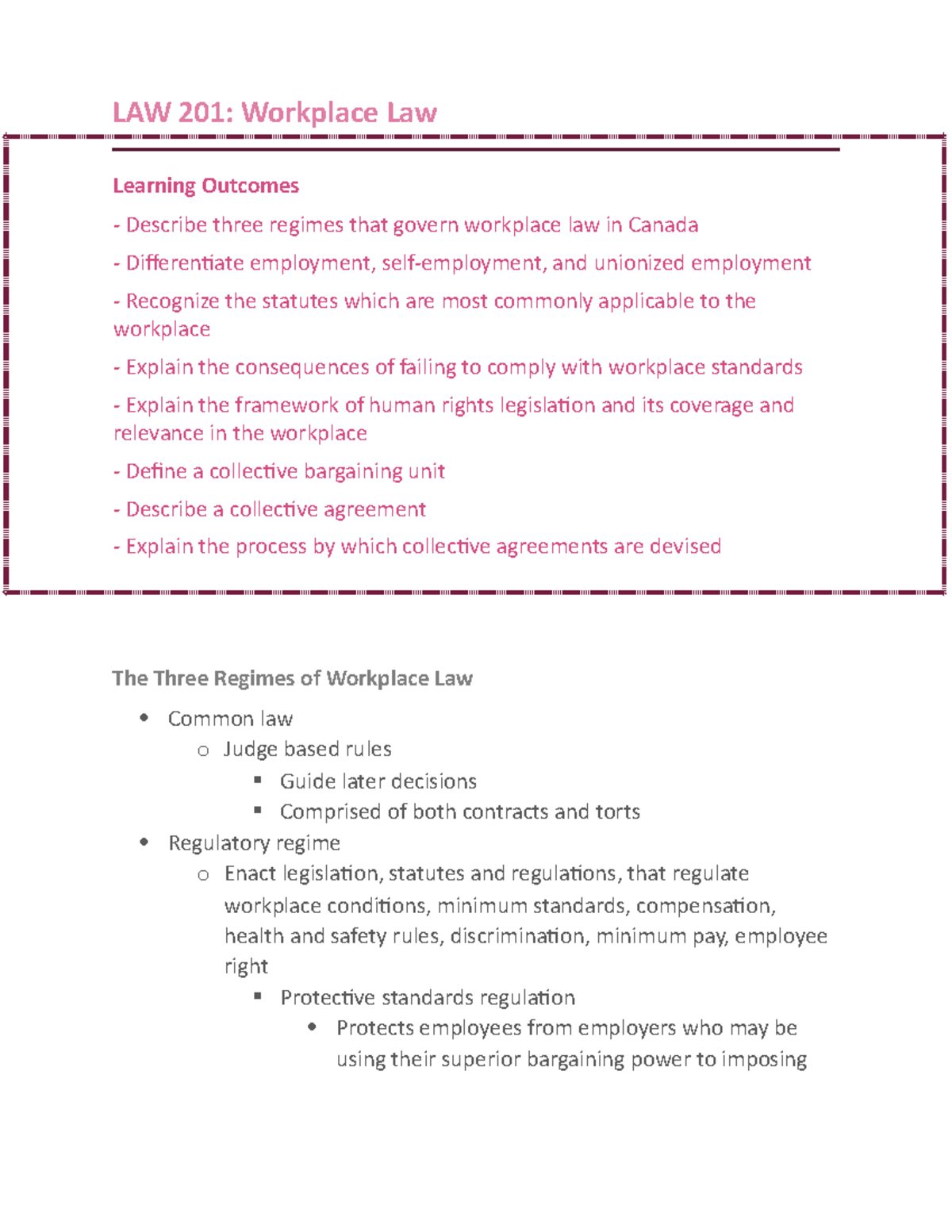 Workplace Law - LAW 201: Workplace Law The Three Regimes of Workplace ...