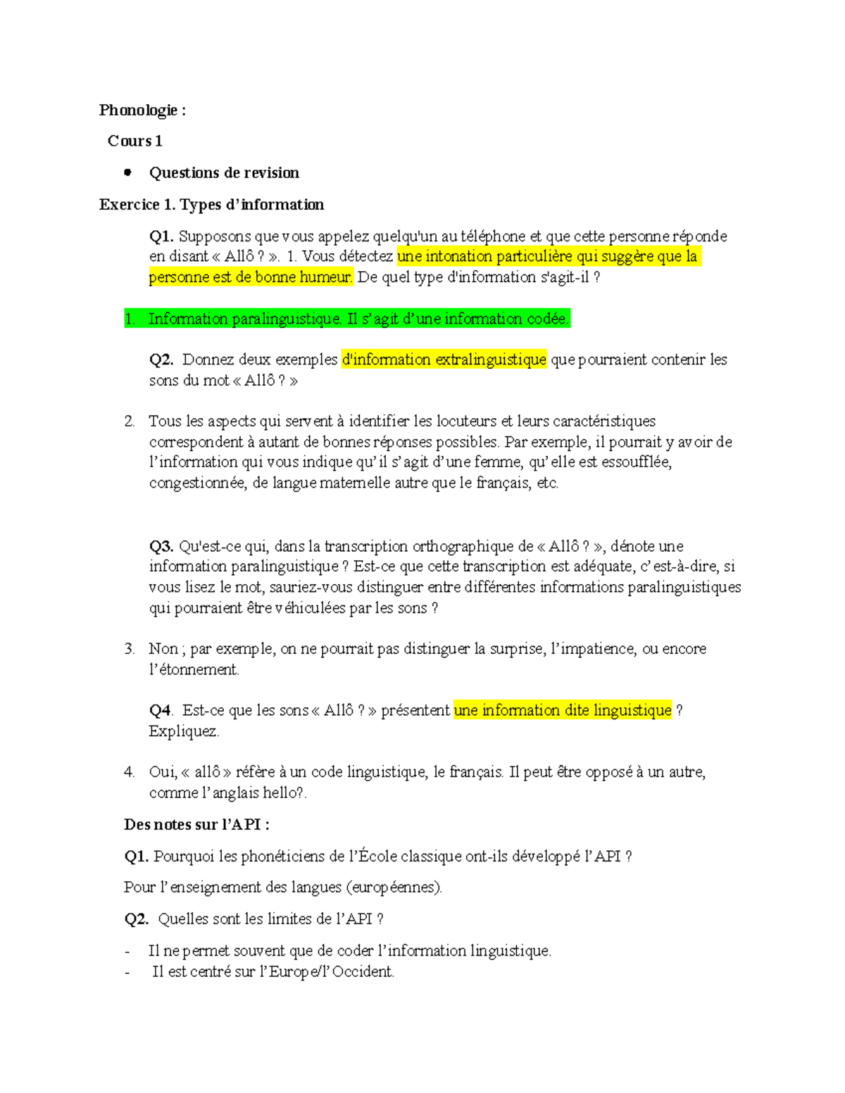 Phonologie questions de revision cours 1 - Phonologie : Cours 1 ...