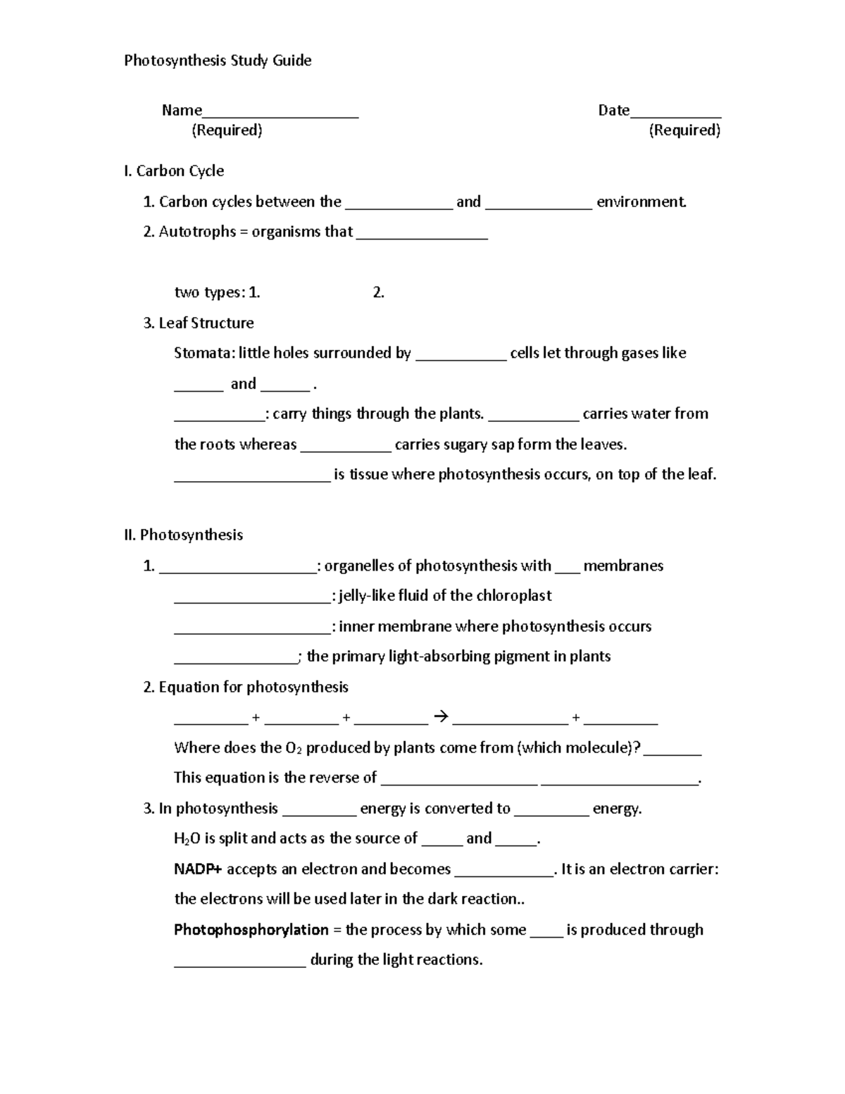 Photosynthesis Study Guide - Photosynthesis Study Guide Name ...