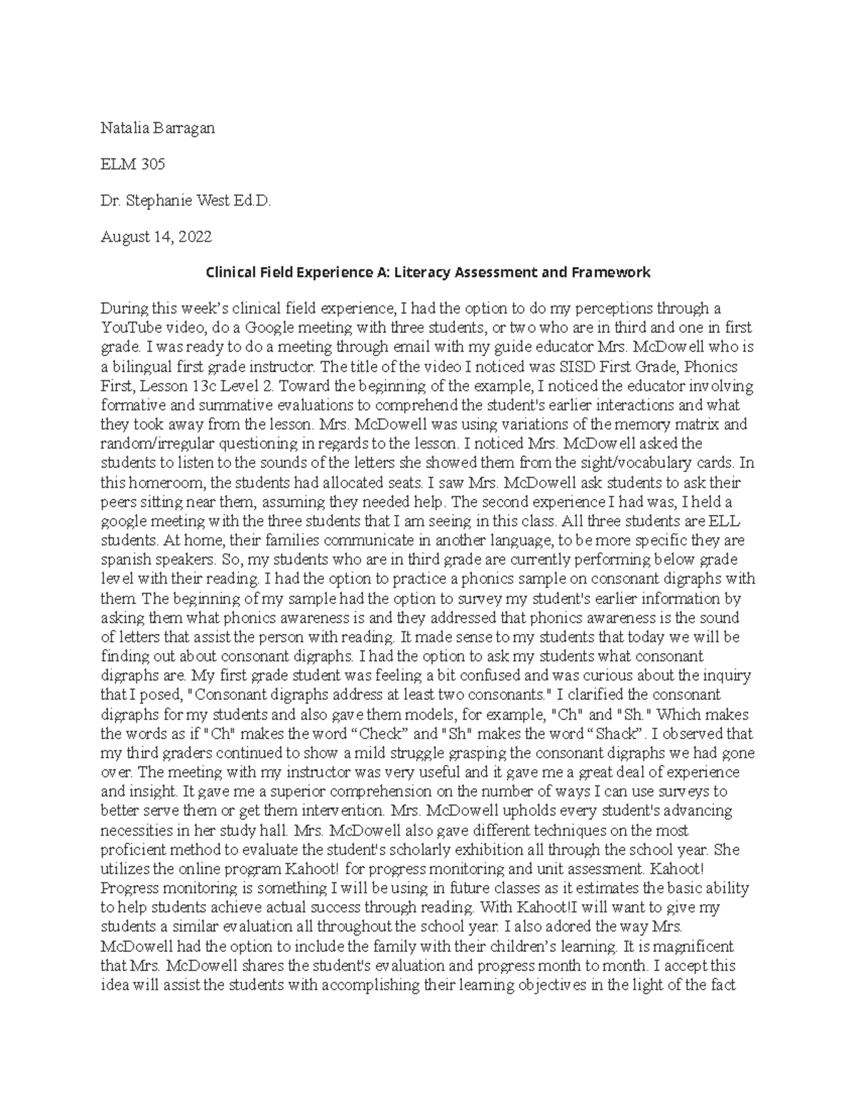 Clinical Field Experience A Literacy Assessment and Framework - Natalia ...