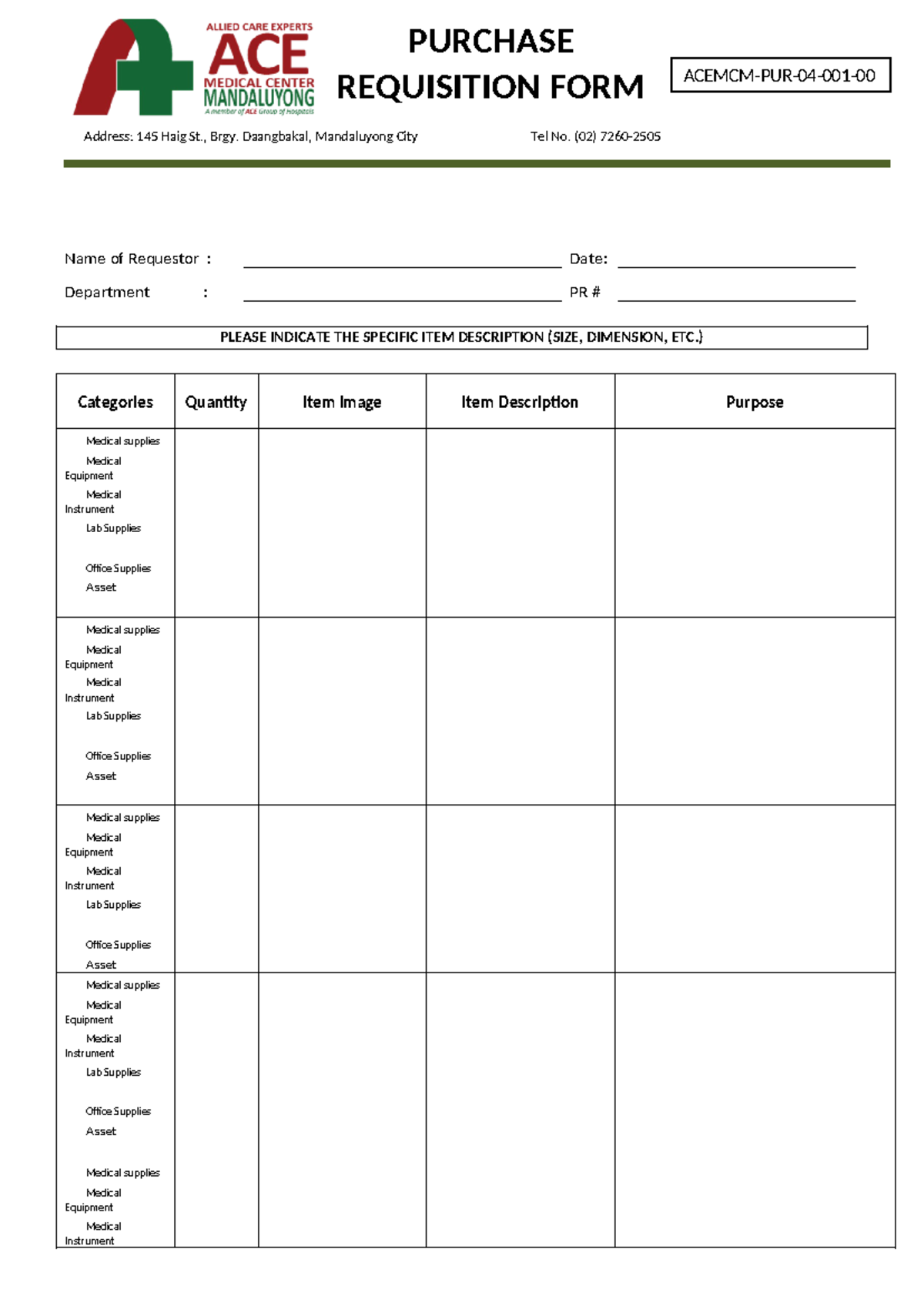 Purchase Requisition FORM - PURCHASE REQUISITION FORM ACEMCM-PUR-04-001 ...