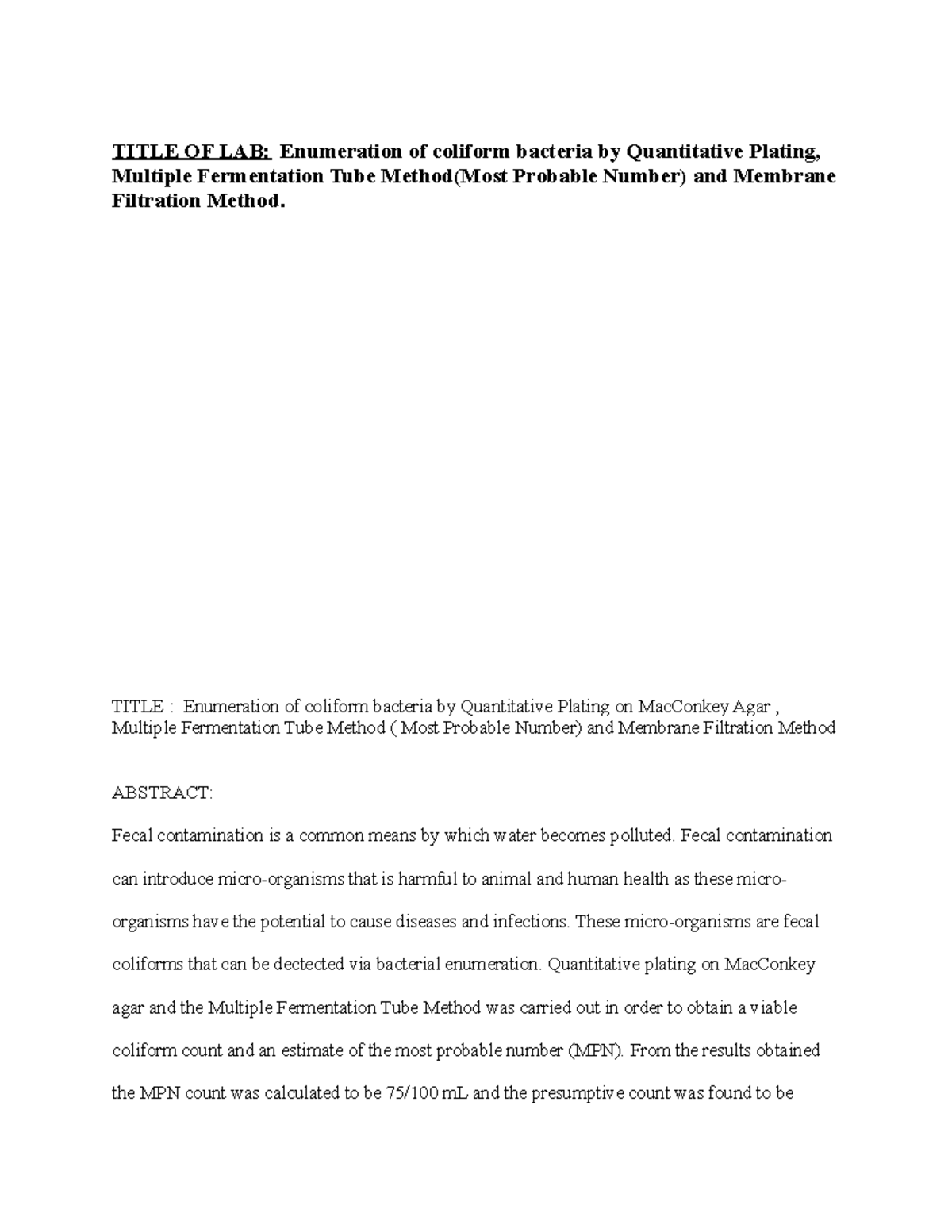 Enumeration Lab - TITLE OF LAB: Enumeration of coliform bacteria by ...