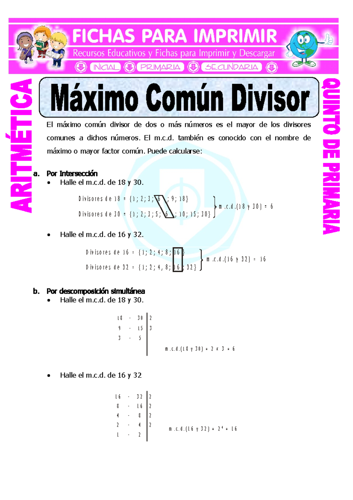 Ejercicios de Maximo Comun Divisor para Quinto de Primaria - El máximo ...